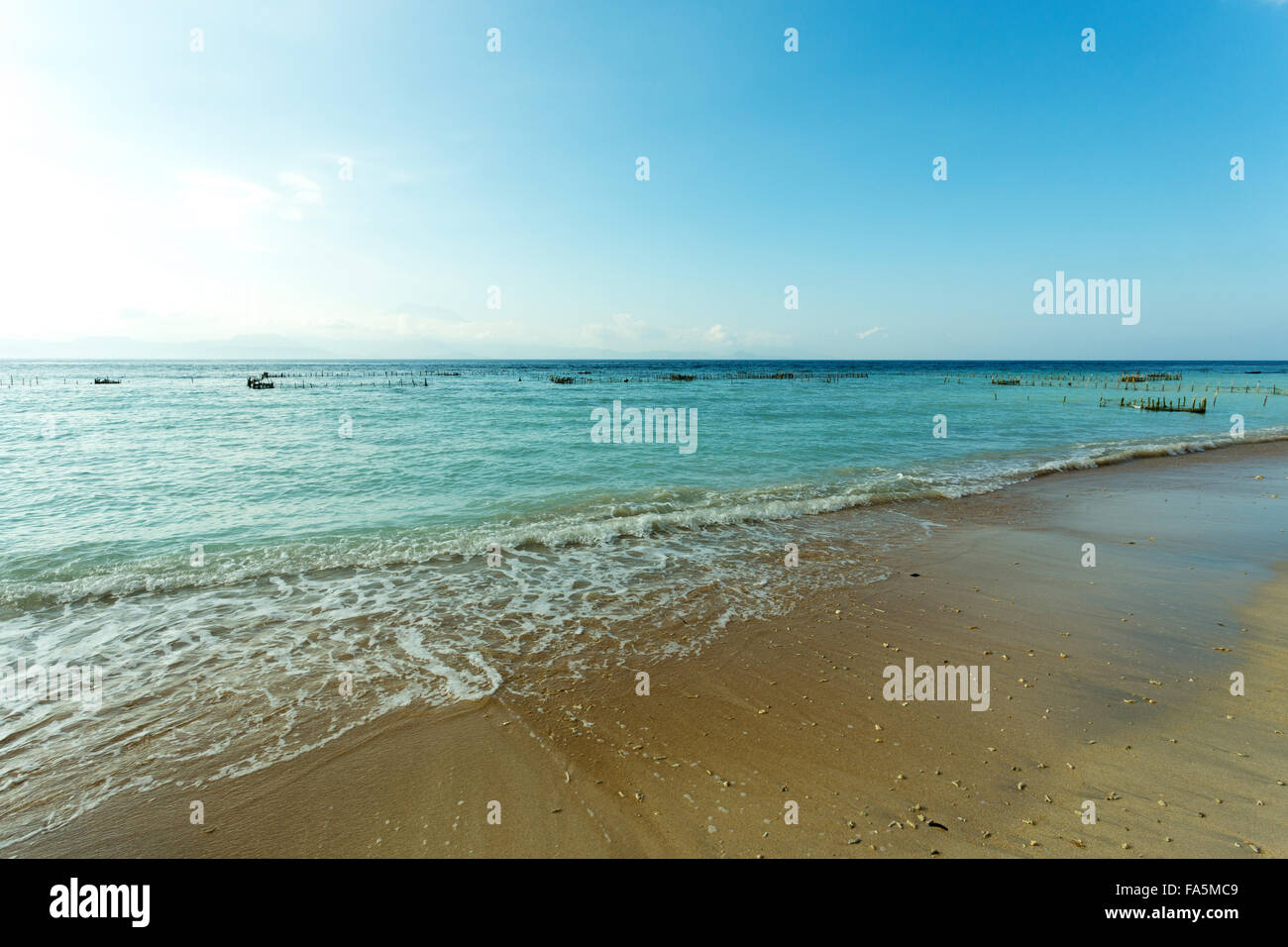 dream sand beach, Bali Indonesia, Nusa Penida island with blue sky ...