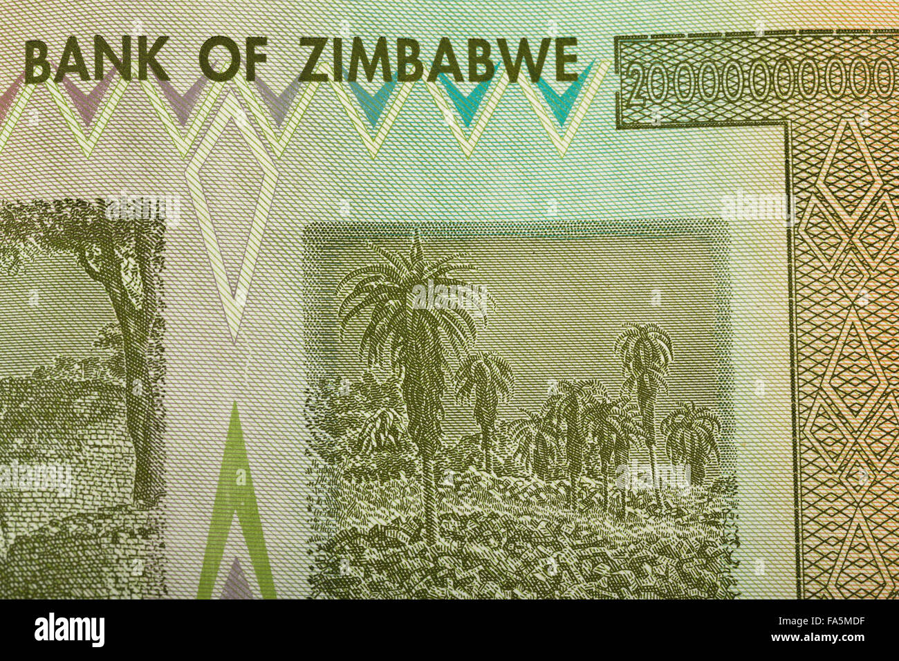 Macro of Zimbabwe twenty billion dollars banknote. Now void currency ...