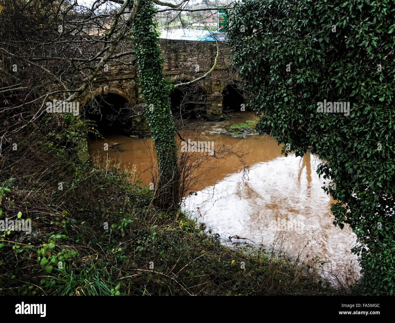 The bridge over the swollen muddy River Frome, beside Bromyard, a town ...