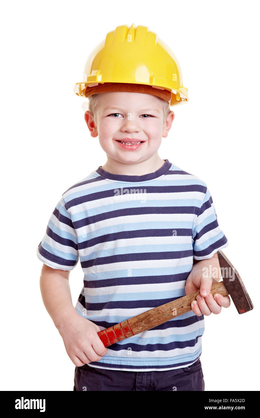 Happy boy child as a construction worker with hammer and helmet Stock ...