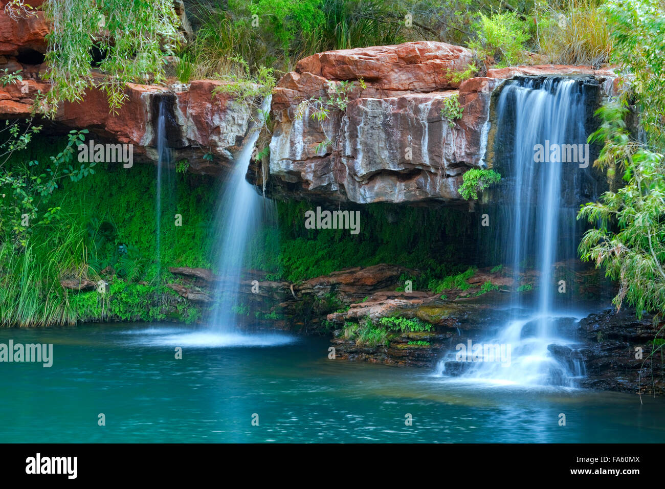A small waterfall flowing into the Fern Pool in Karijini National Park ...