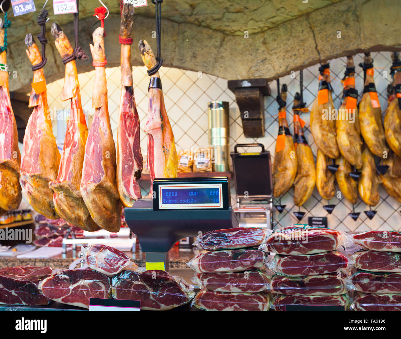 Serrano hamon and iberico hamon at spanish market Stock Photo - Alamy