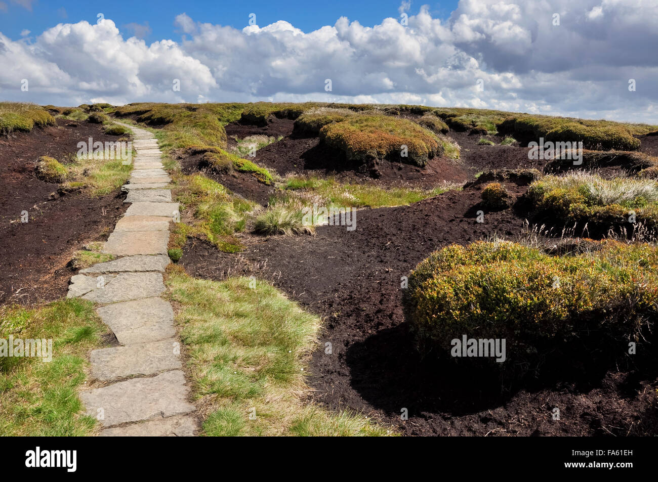 Paved footpath on the moors of Bleaklow in the High Peak, Derbyshire ...