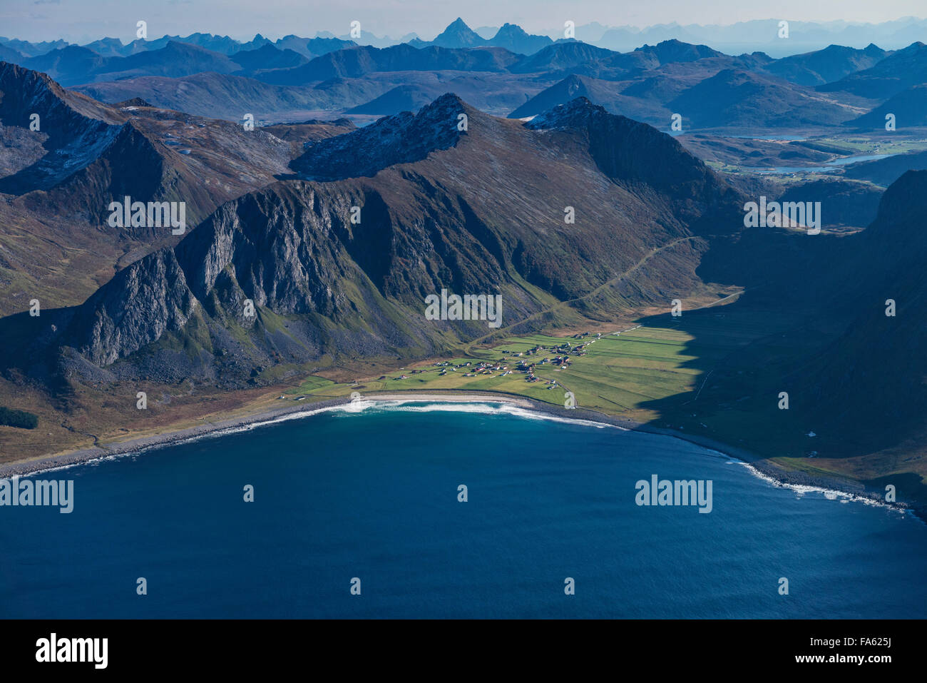 Aerial view over Unstad beach, Vestvågøy, Lofoten Islands, Norway Stock ...