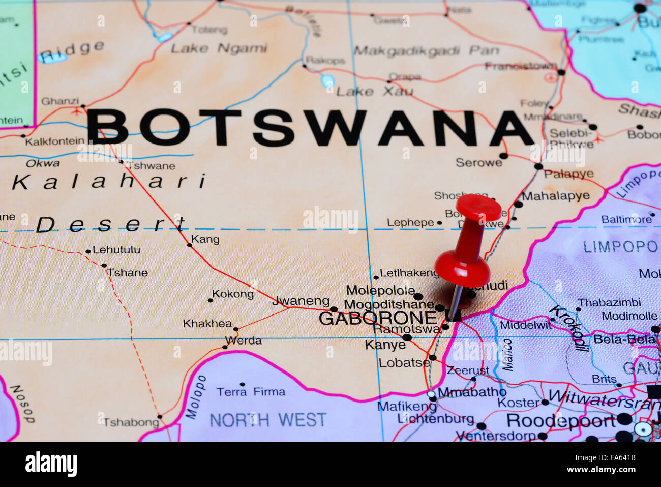 Gaborone pinned on a map of Africa Stock Photo - Alamy