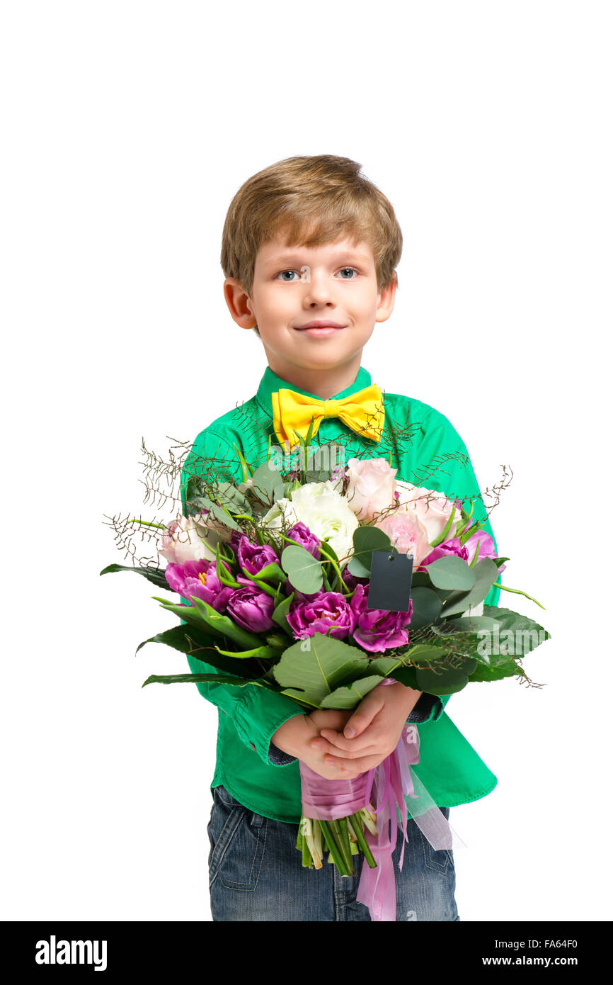 Handsome little boy with bouquet of flowers Stock Photo - Alamy