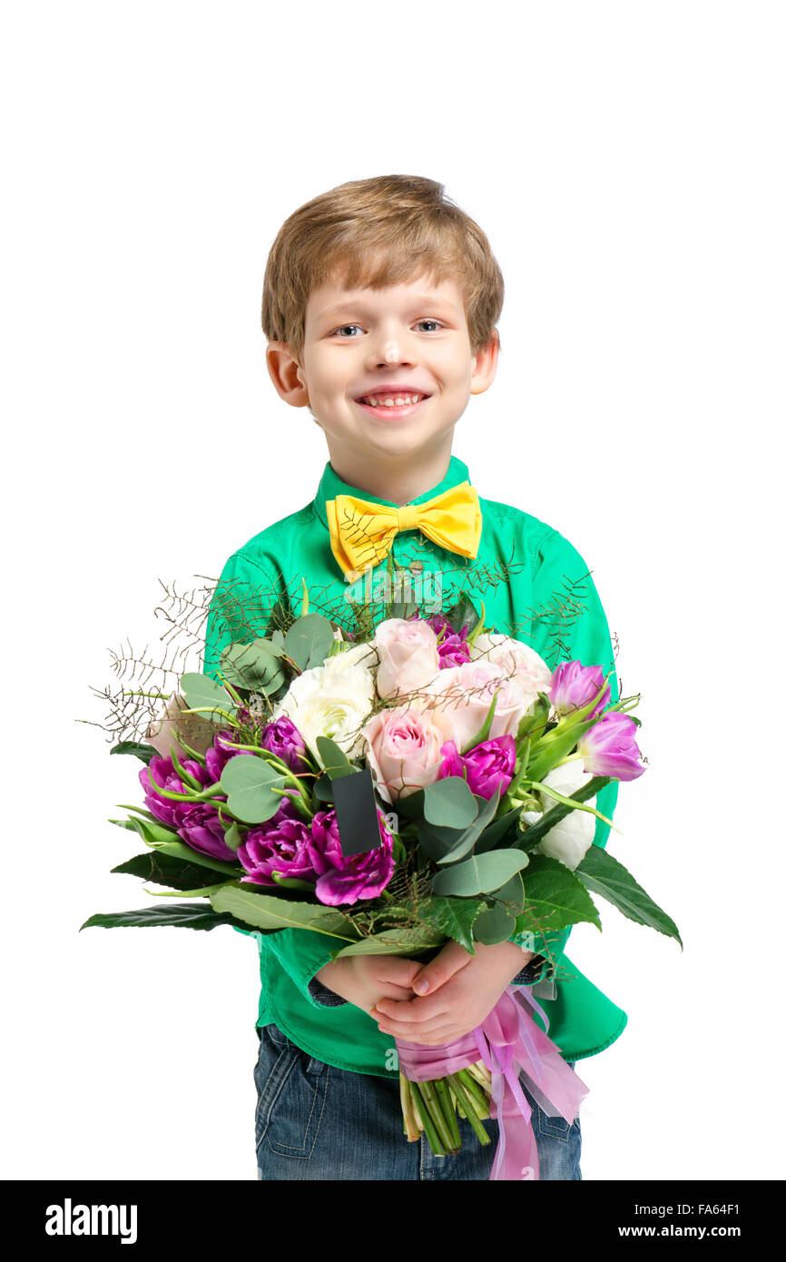 Handsome little boy with bouquet of flowers Stock Photo - Alamy
