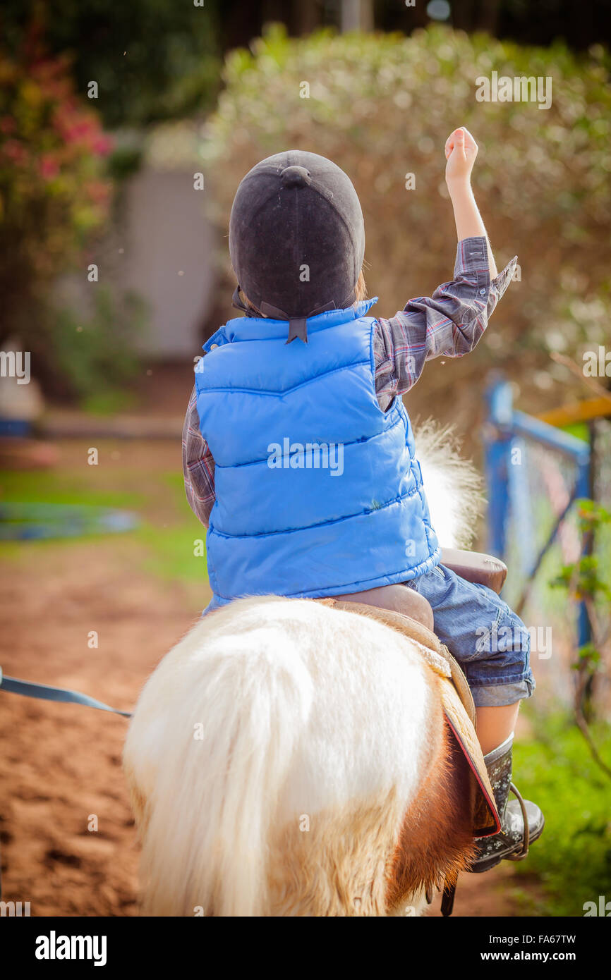 Rear view of a boy riding pony horse Stock Photo - Alamy