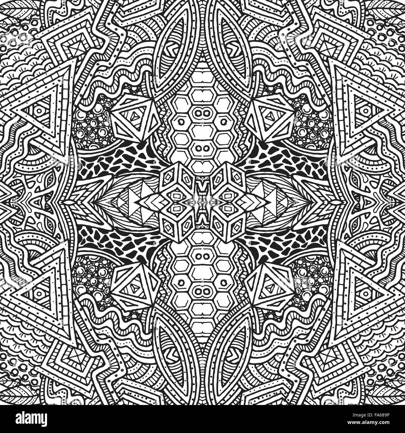 vector black monochrome hand drawn geometric zentangle seamless pattern ...