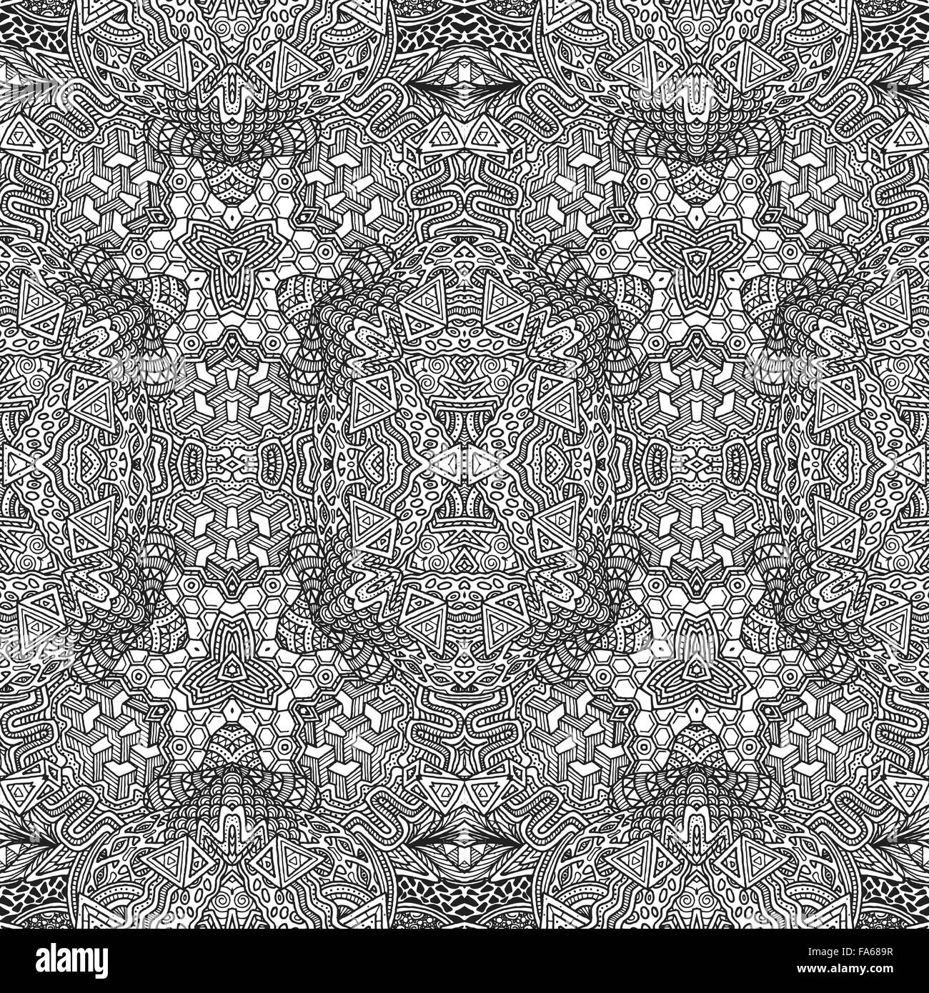 vector black monochrome hand drawn geometric zentangle seamless pattern ...