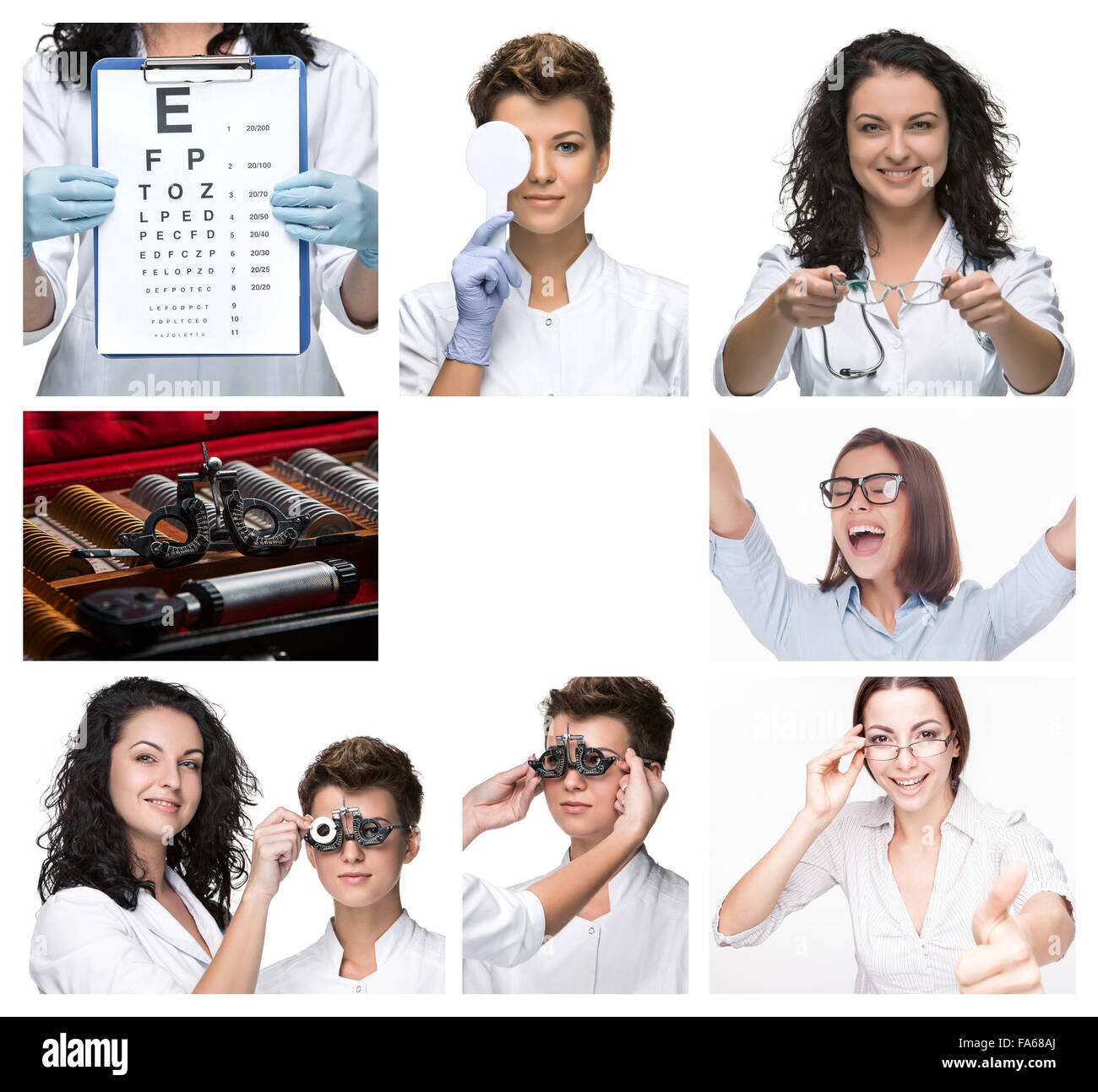 Optometrist holding an eye test glasses and giving to young woman eye ...