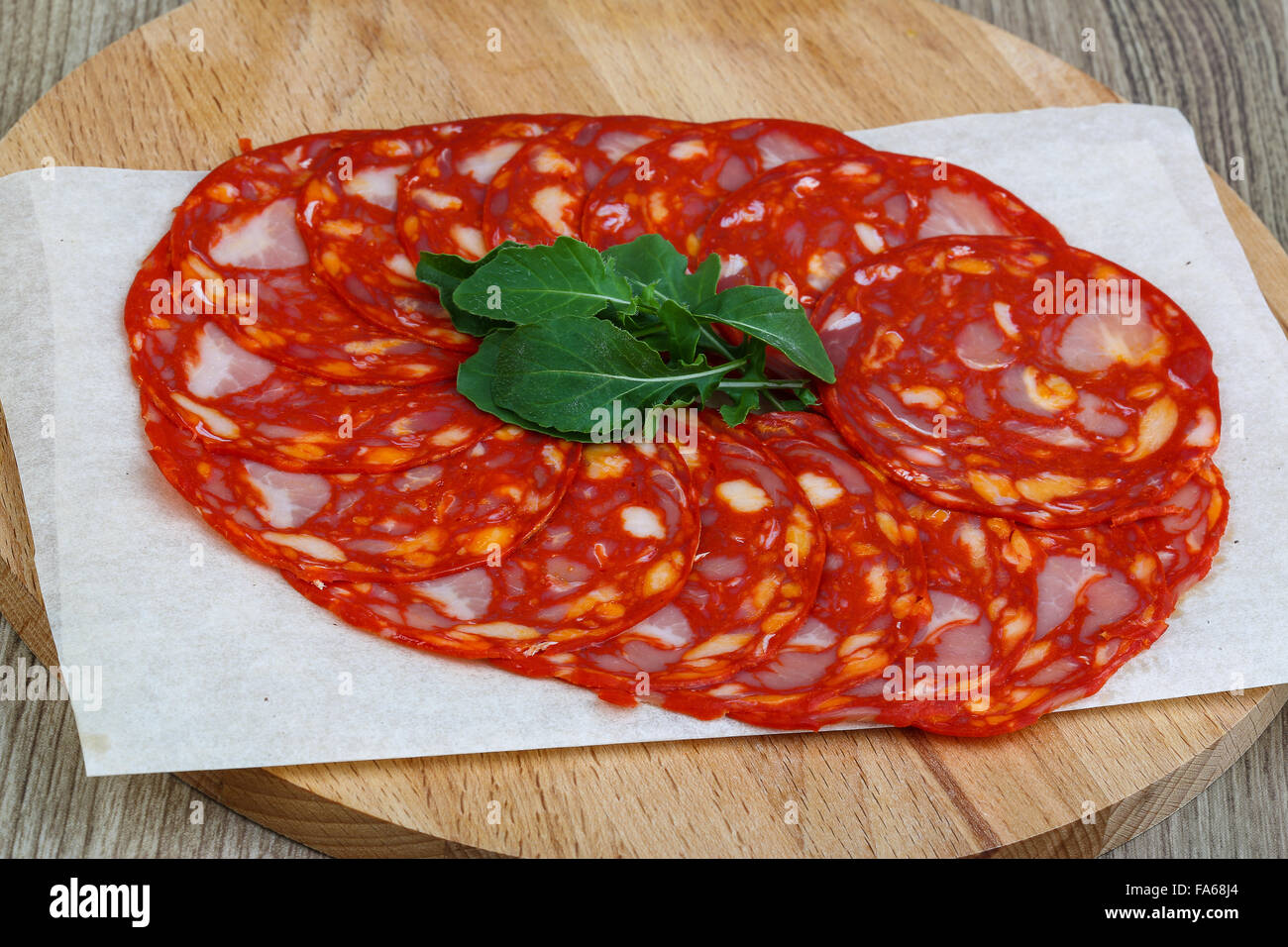 Traditional Spanish salami - Chorizo sausage on the wood background ...