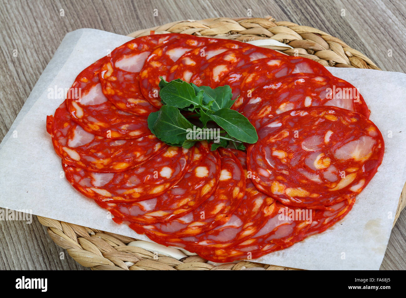 Traditional Spanish salami - Chorizo sausage on the wood background ...
