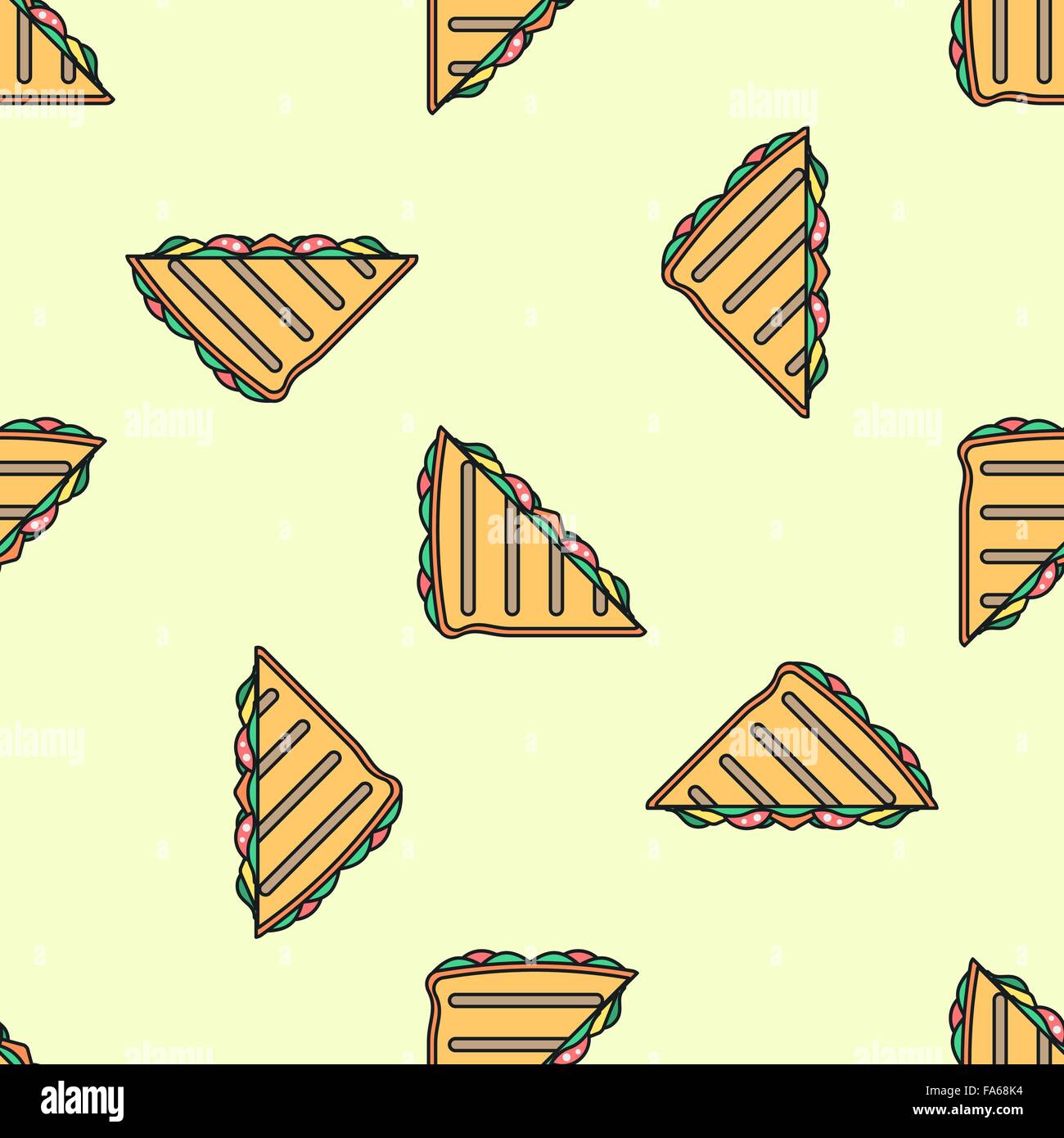 vector colored outline club sandwich seamless pattern on light green ...