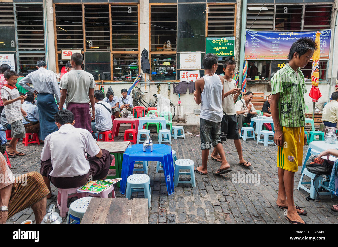 street cafe in yangon myanmar main market Stock Photo - Alamy