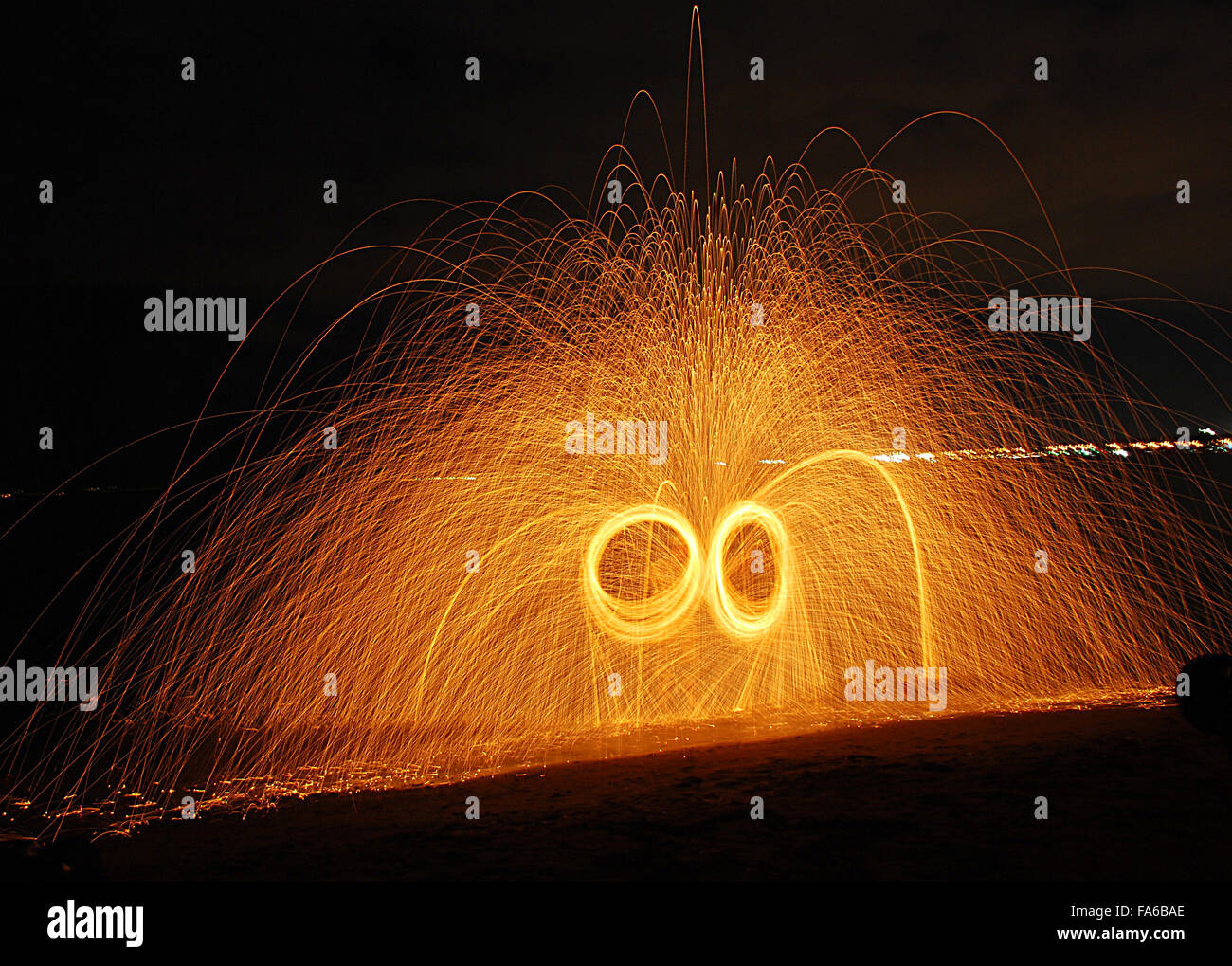 Spinning Wire wool at night Stock Photo - Alamy