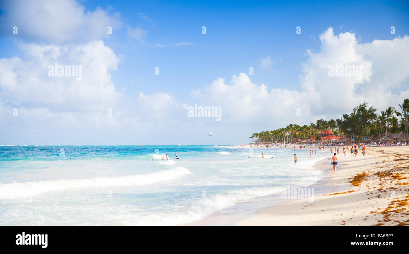 Coastal Caribbean landscape. Beach on Atlantic ocean coast, Hispaniola ...