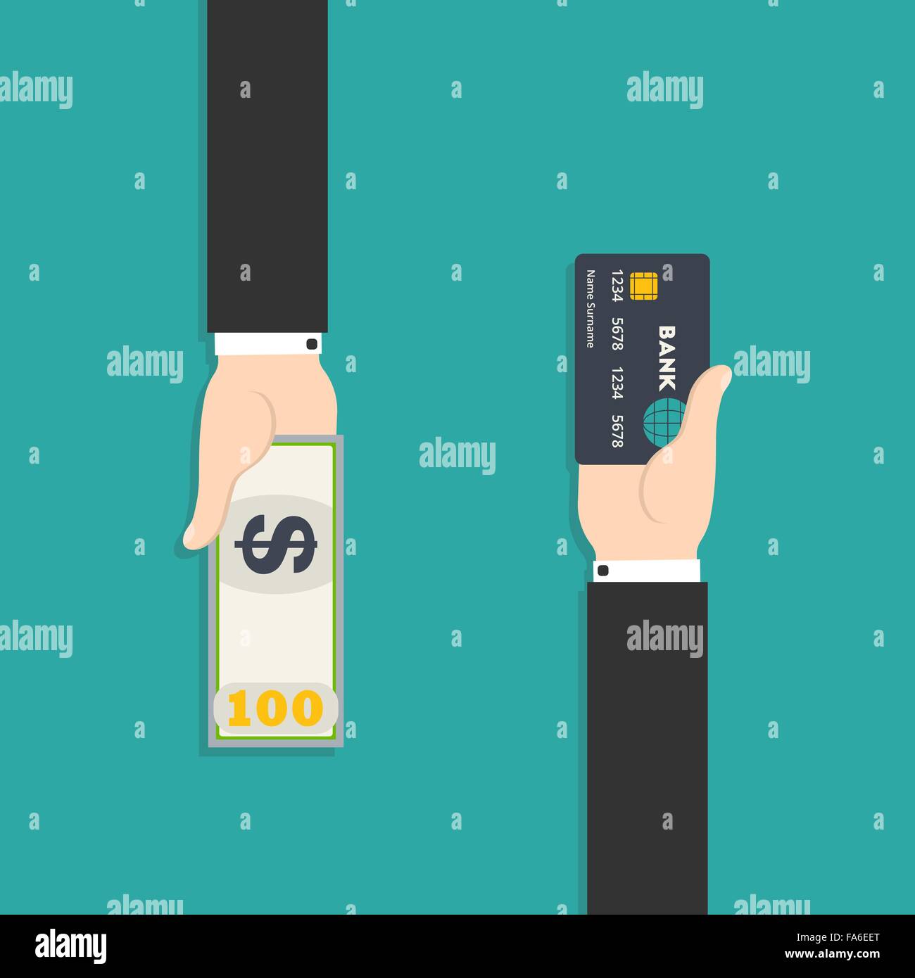 Vector illustration of hand with credit card and cash for your design ...