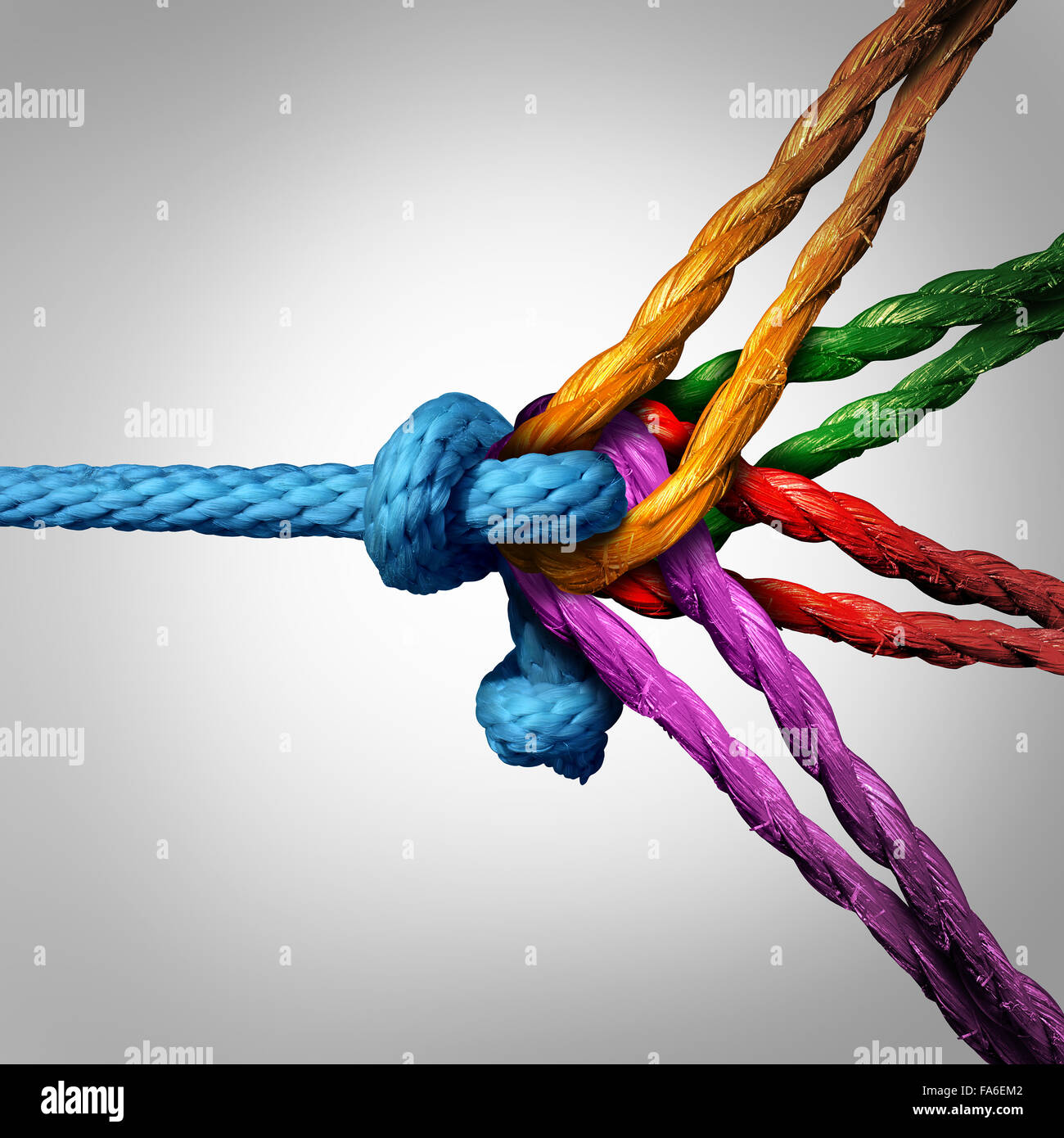 Connected group concept as many different ropes tied and linked ...