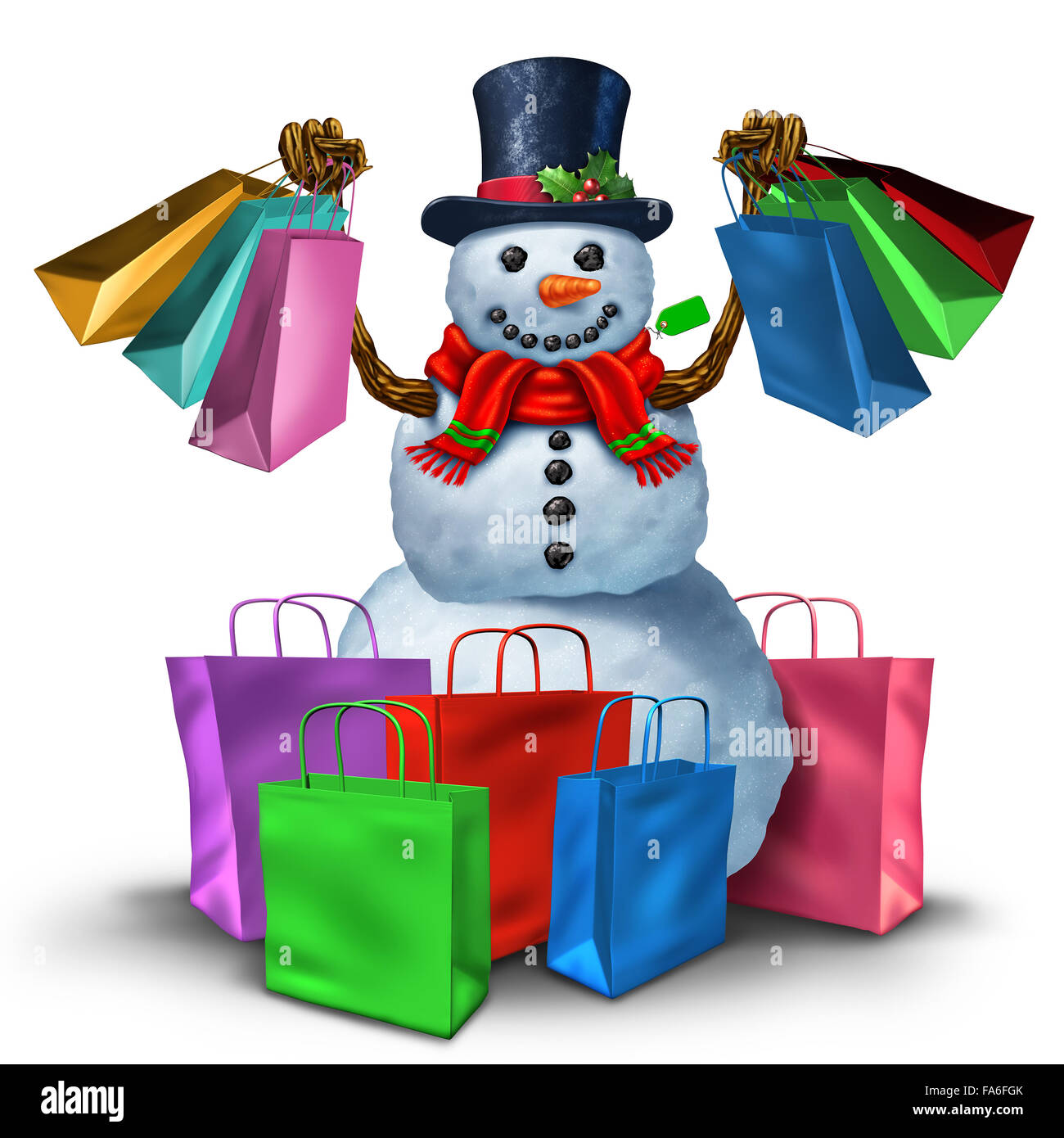 Winter shopping and christmas sale concept as a happy snowman holding a ...