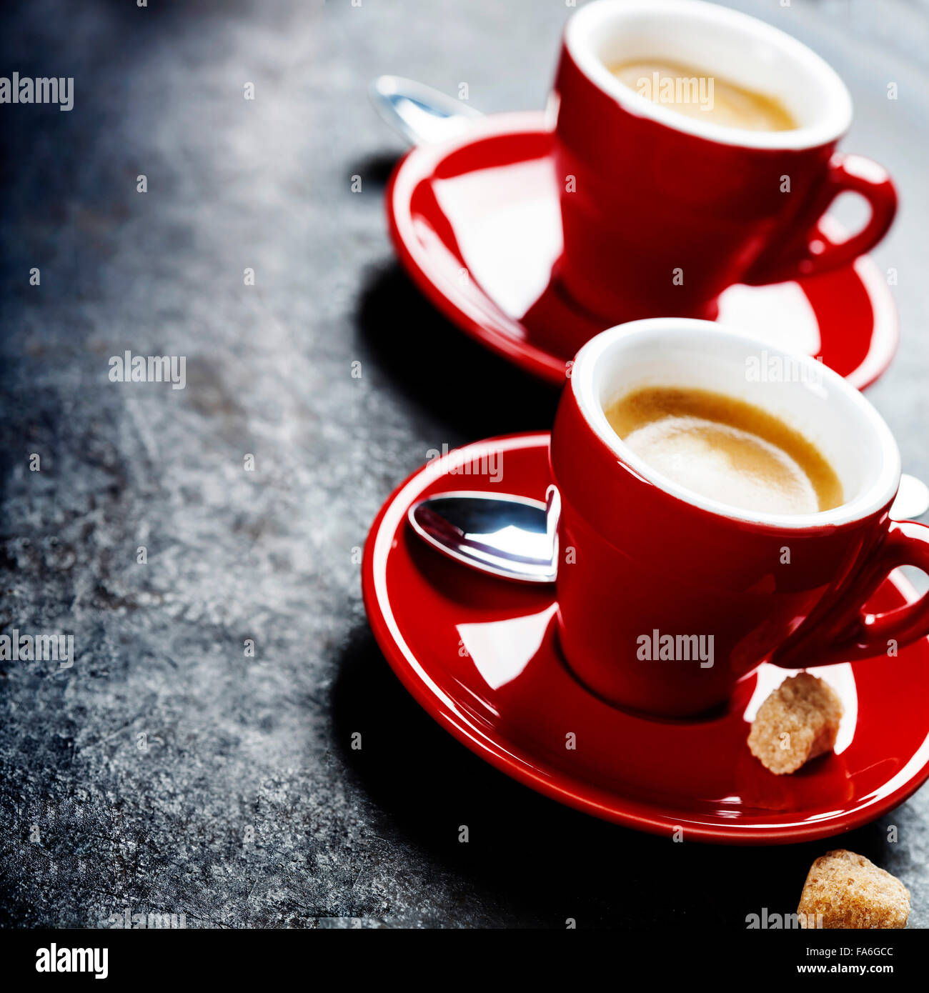 Coffee Espresso. Red Cups Of Coffee on dark background Stock Photo - Alamy