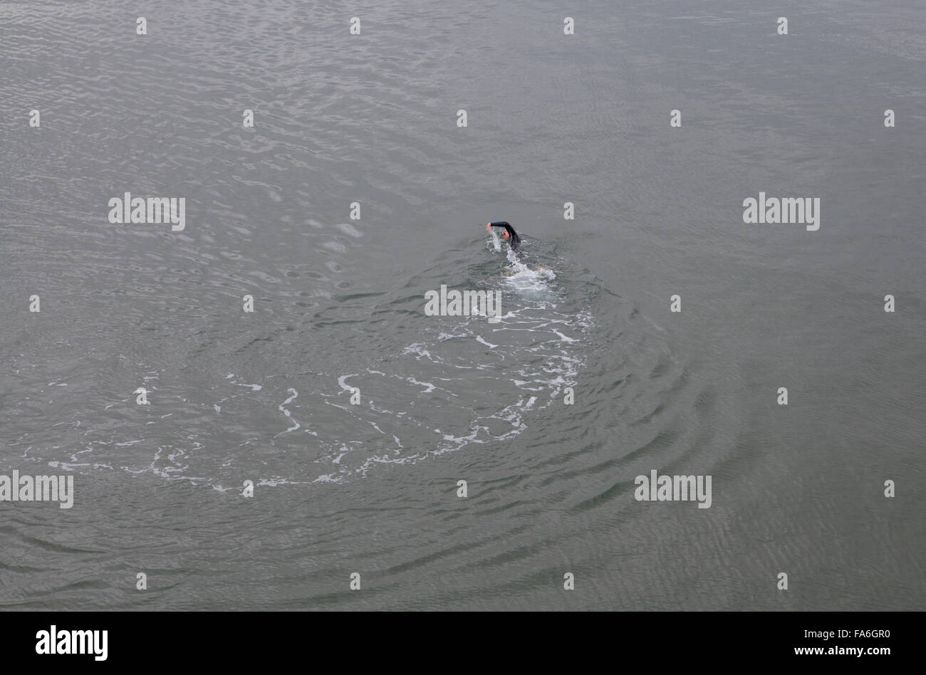 An open water swimmer swims in the ocean at Whitby on the North ...