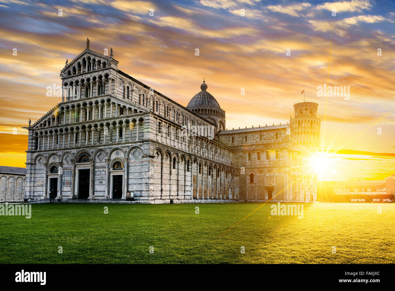 Piazza dei Miracoli complex with the leaning tower of Pisa in front ...