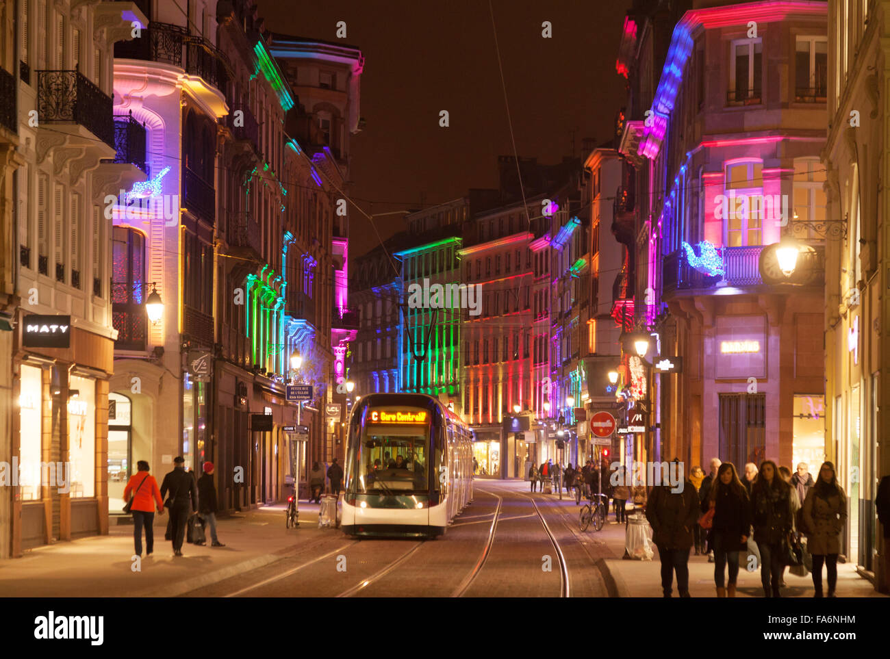 Strasbourg Old Town at night with Christmas lights and a tram ...