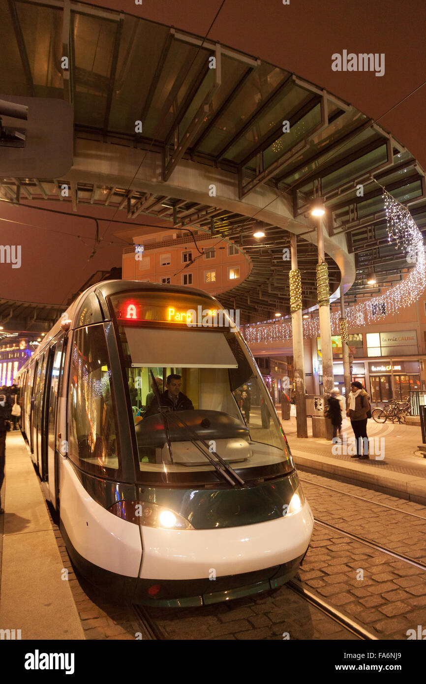Strasbourg tram at the central station, Homme de Fer at night, the ...