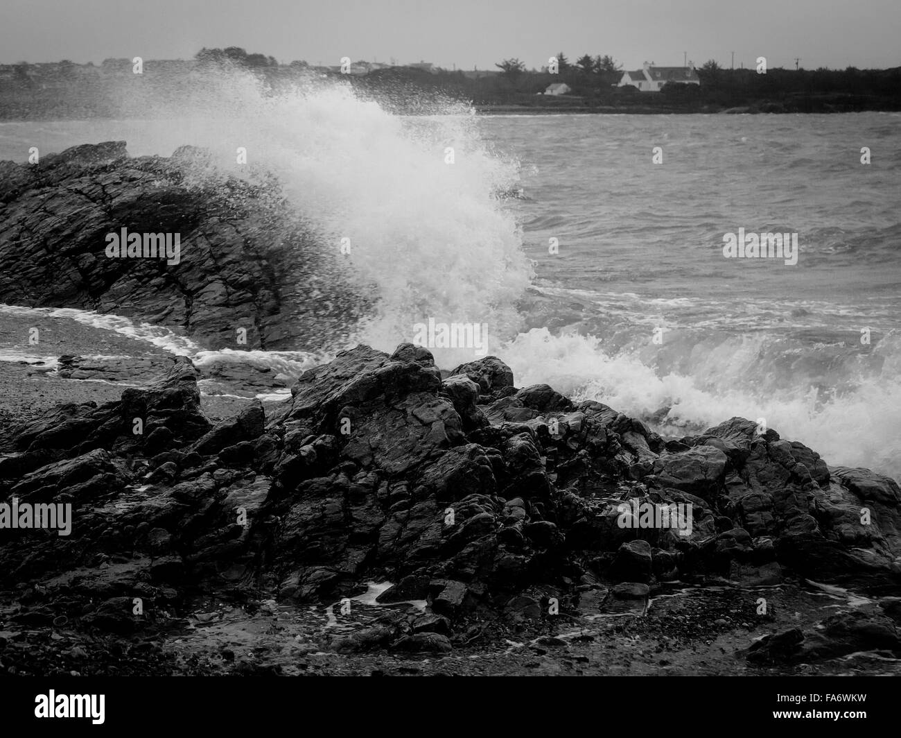 Black and white image of waves crashing over the rocks at Rhoscolyn ...