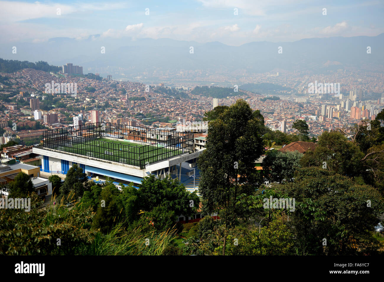 Sports ground overlooking city center, Comuna 8, Medellin, Antioquia ...