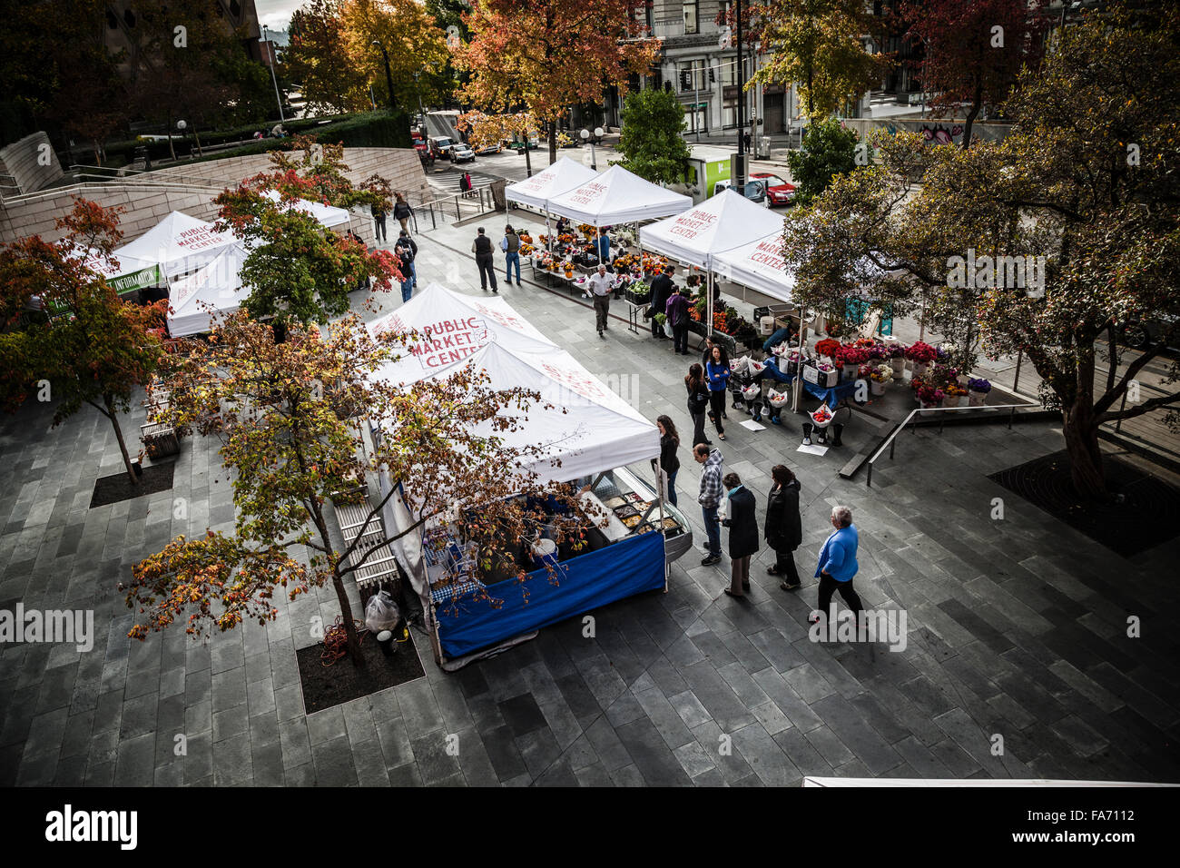 Aerial view to street market. Flower shop, seattle, Washington state ...