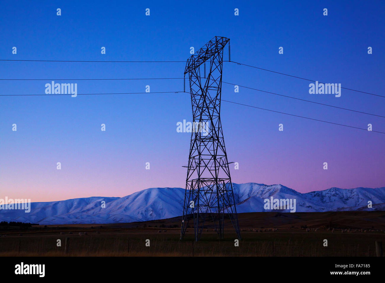 Power pylon at dusk, Maniototo, Central Otago, South Island, New ...