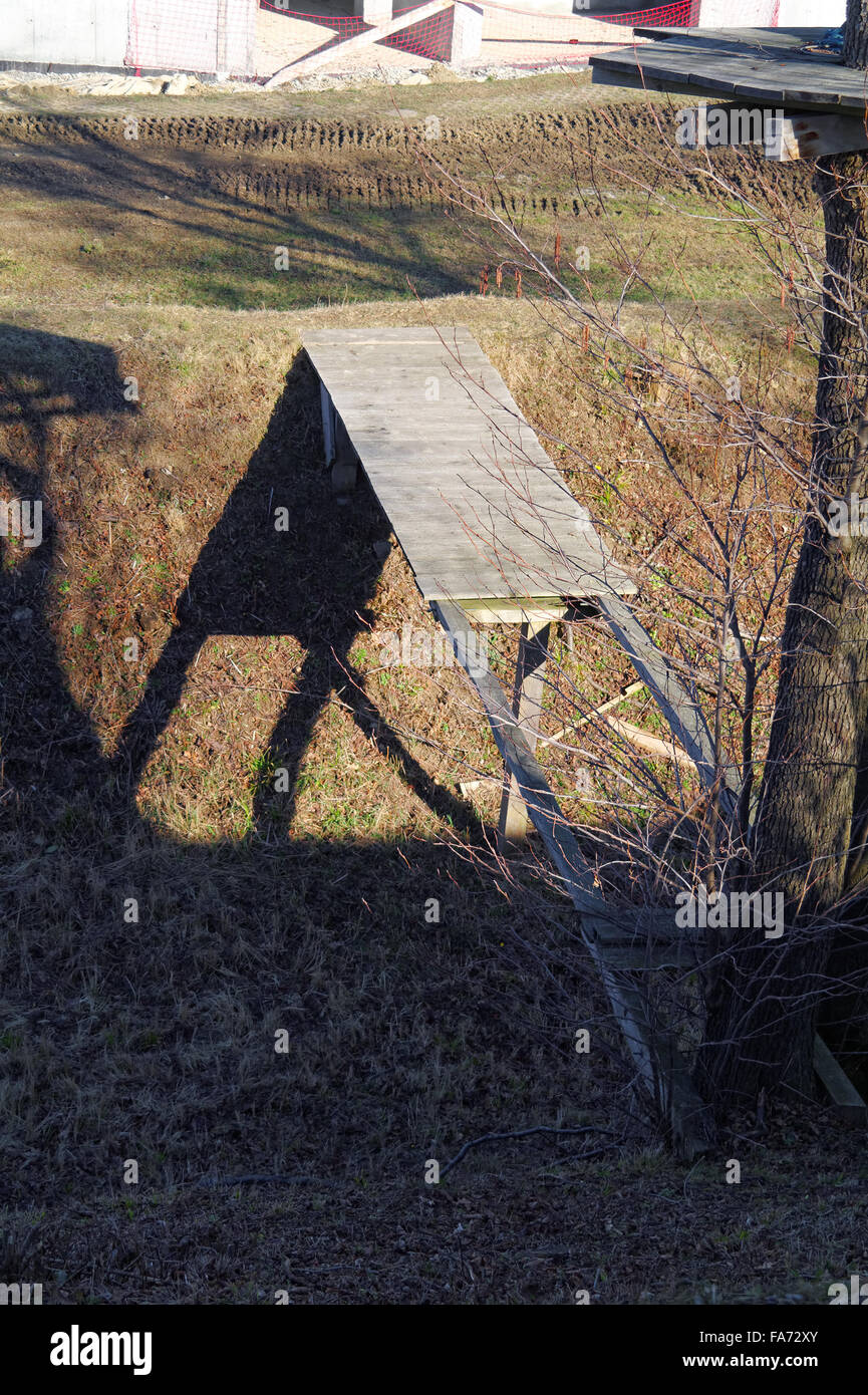 old damaged wooden footbridge over the dried creek Stock Photo - Alamy