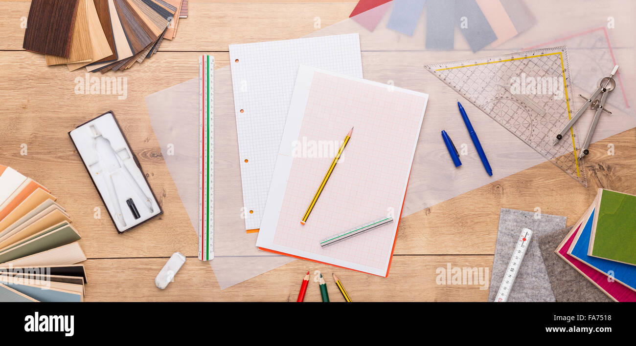 still life with designer tools, color and material patterns Stock Photo ...