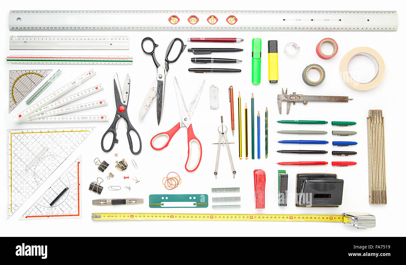 collection of office tools, isolated on white Stock Photo - Alamy