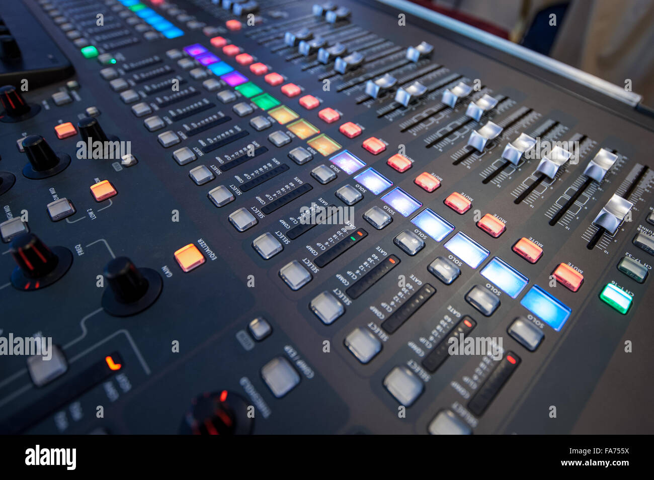 Audio mixer and microphone. Close-up of the Mixing console. mixing ...