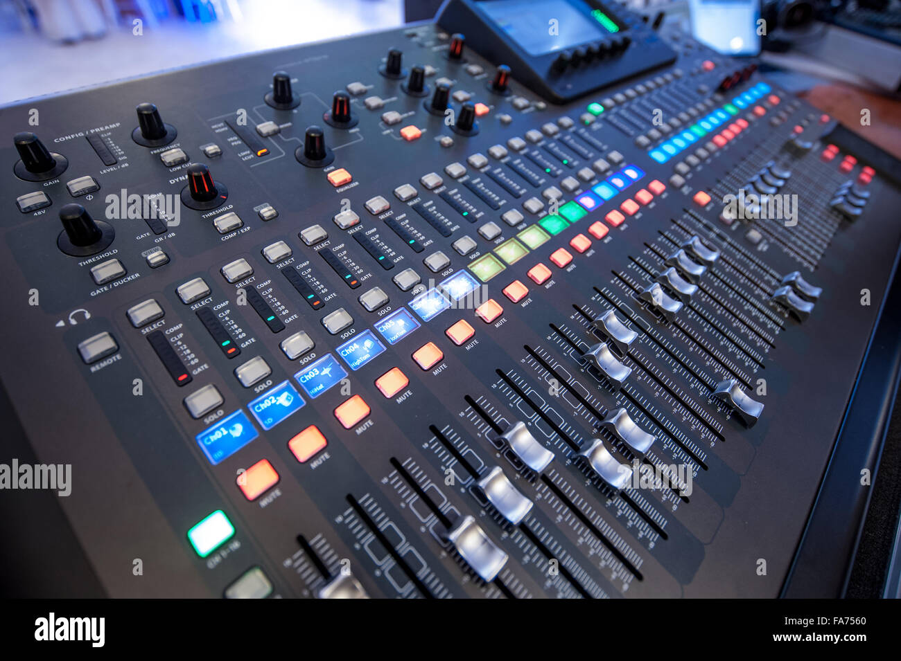 Audio mixer and microphone. Close-up of the Mixing console. mixing ...