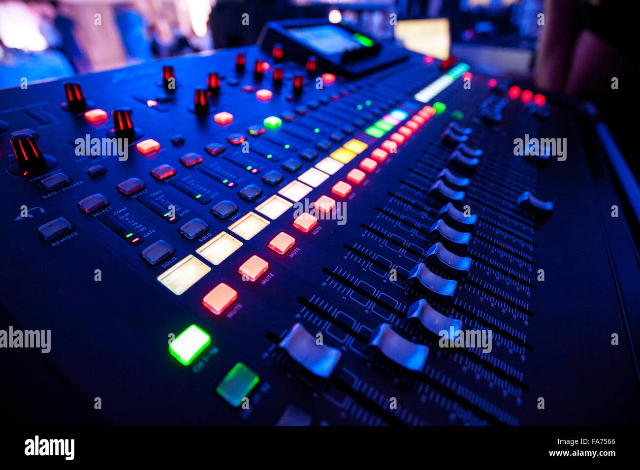 Audio mixer and microphone. Close-up of the Mixing console. mixing ...