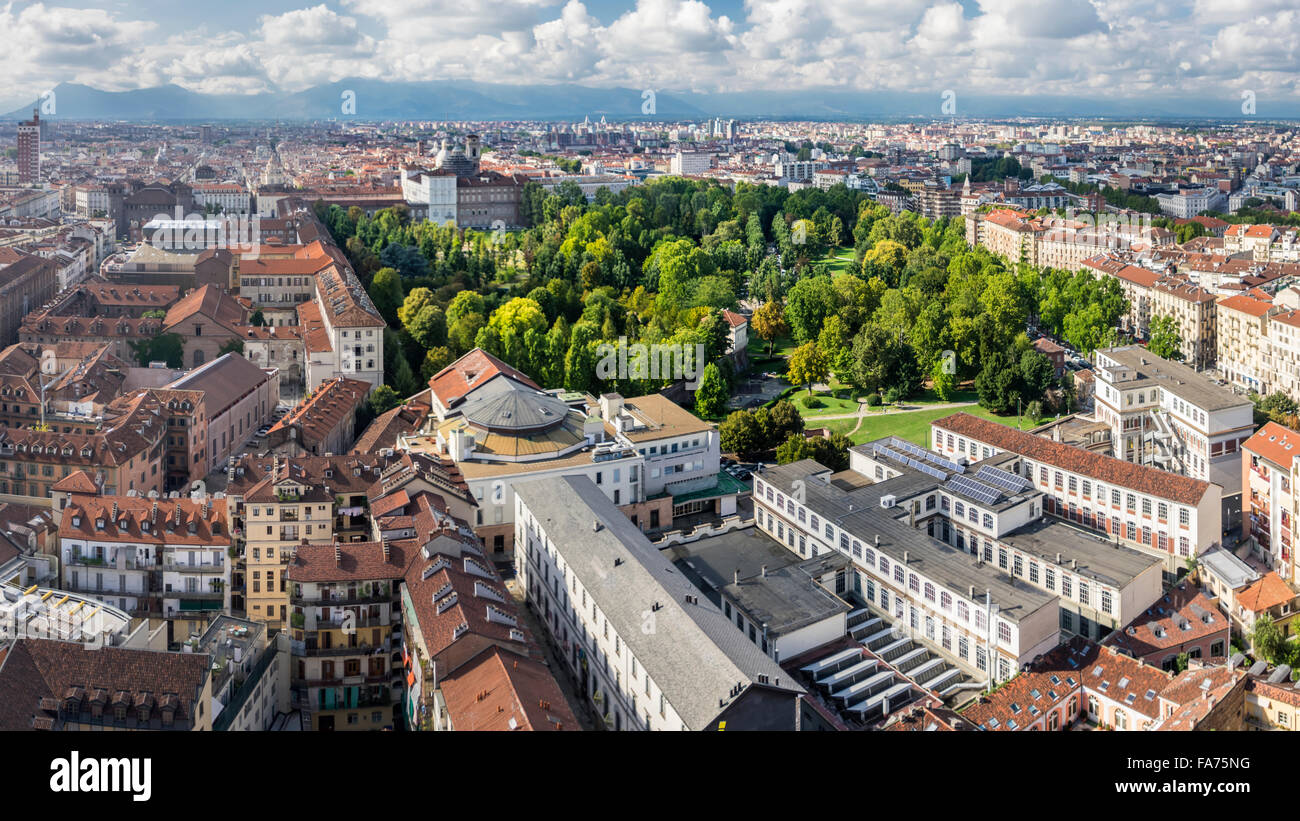 Panoramic view over the city center and Giardini Reali, the royal ...