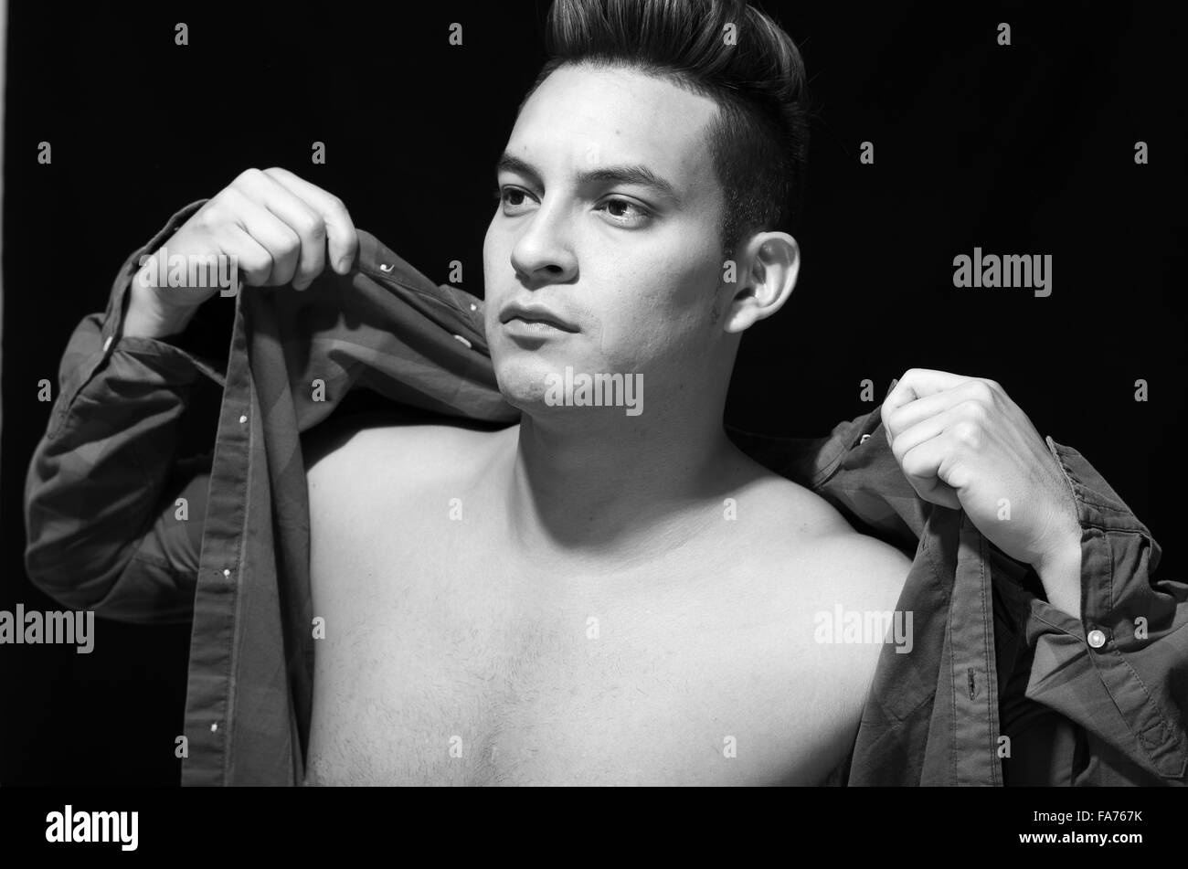 Fashion male model open shirt Black and White Stock Photos & Images - Alamy