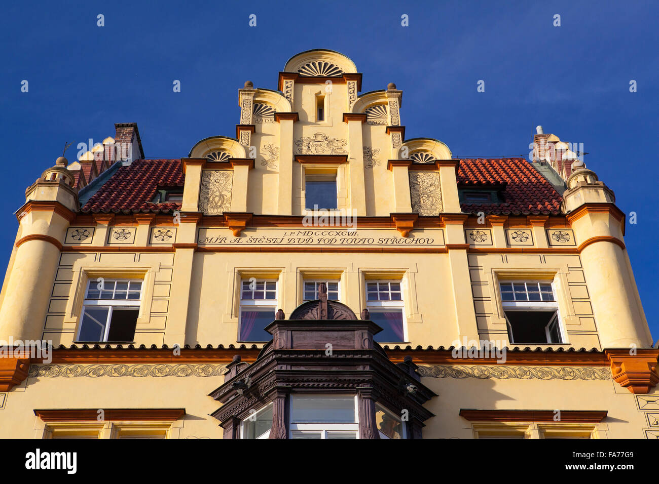 Detail of amazing facade of traditional building in Prague, Czech ...