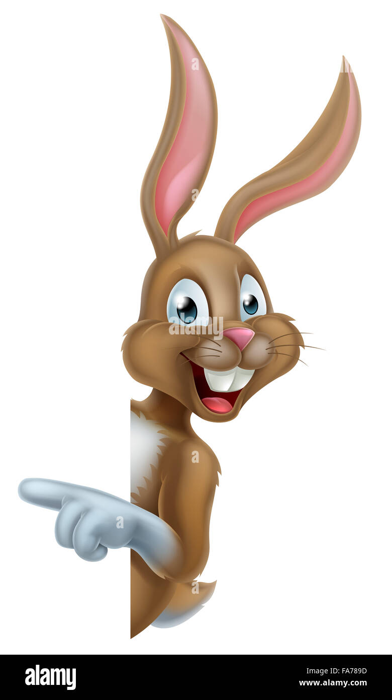 Cartoon Easter bunny rabbit character pointing at a background sign ...