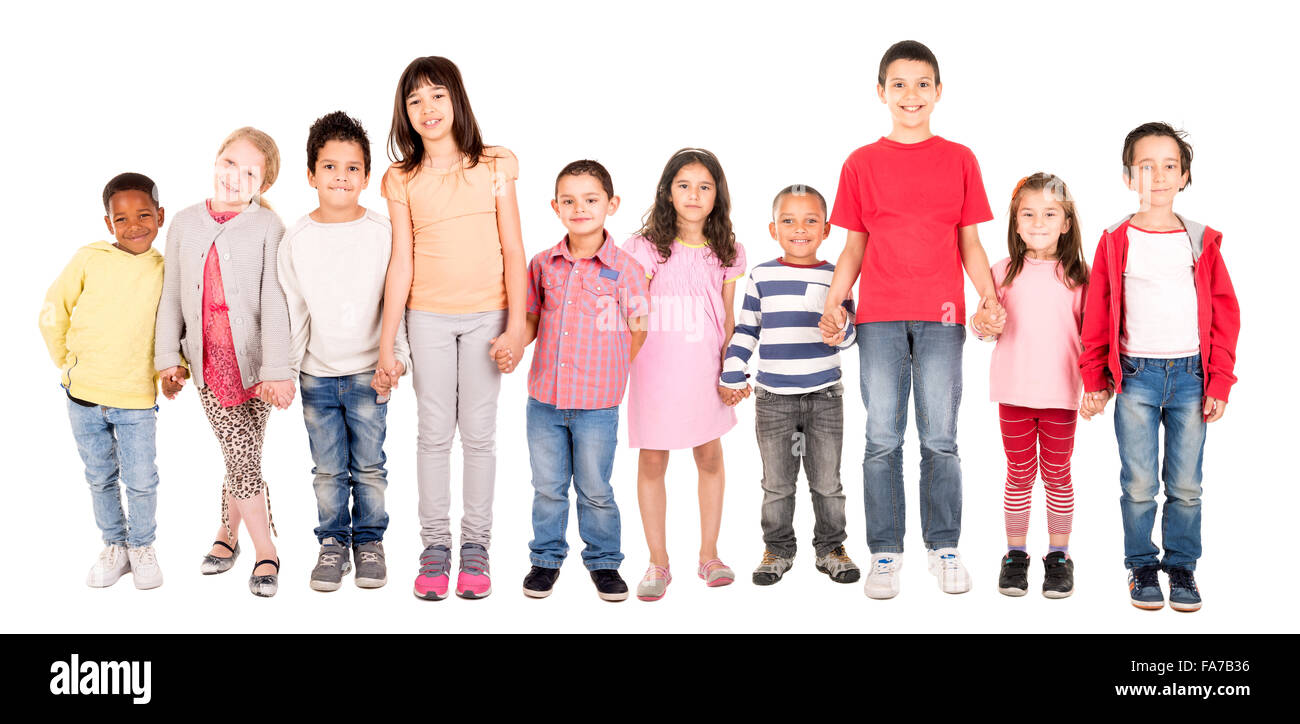 Large group of children posing isolated in white Stock Photo - Alamy
