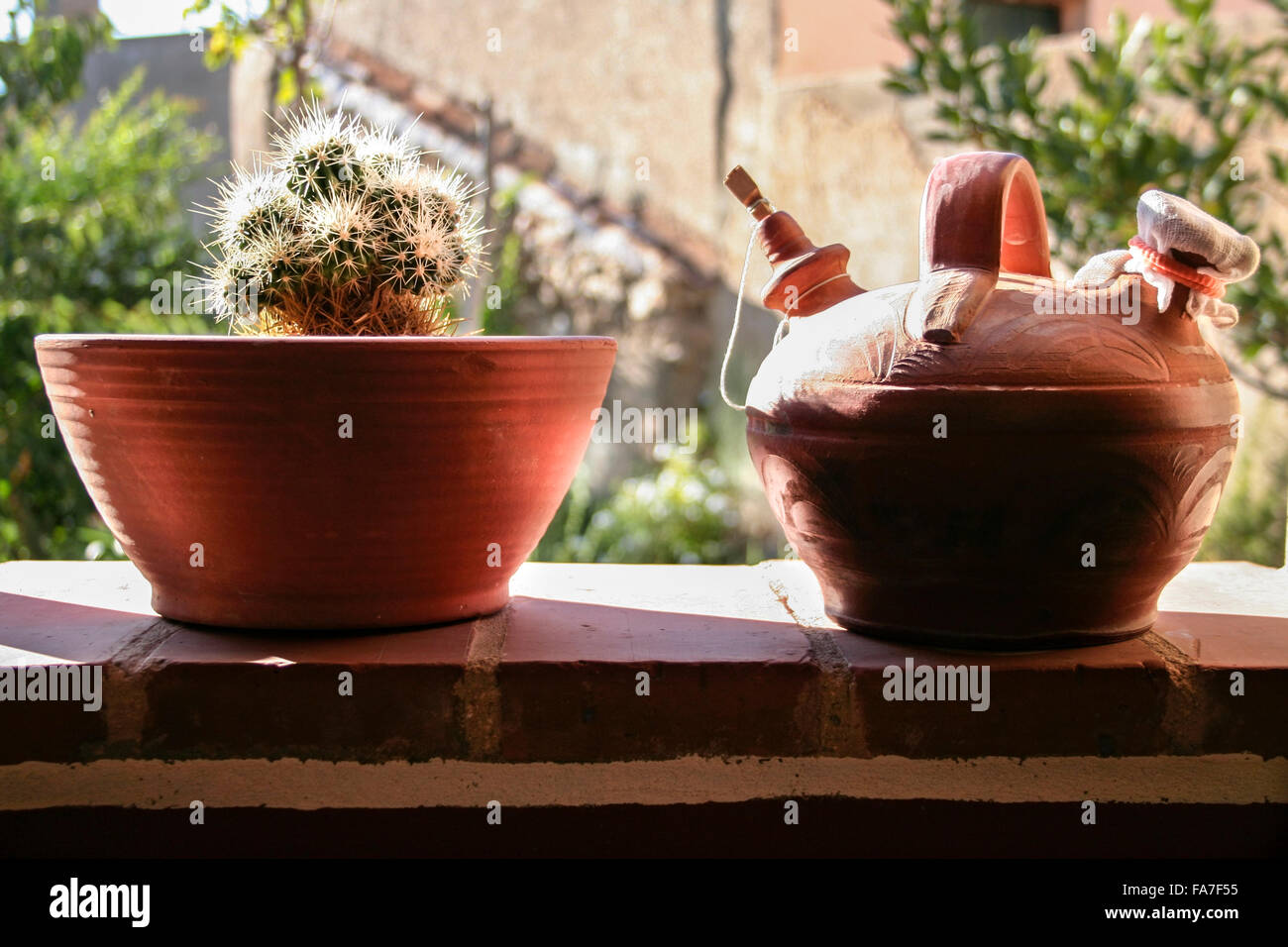 Earthenware pitcher and flower pot of clay against the light. Rustic ...