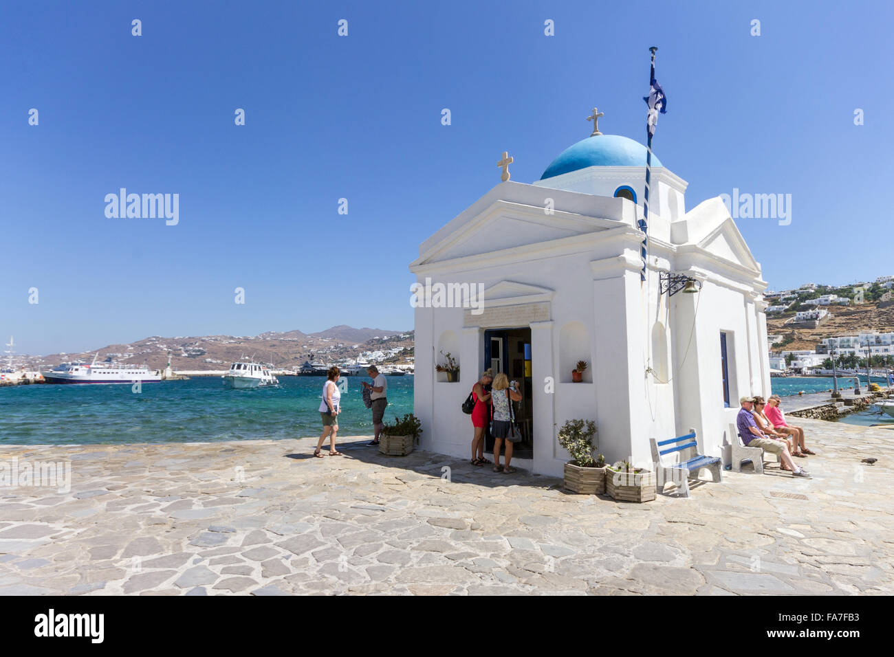 Greece, Cyclades Islands, Mykonos town, church near the harbour Stock ...