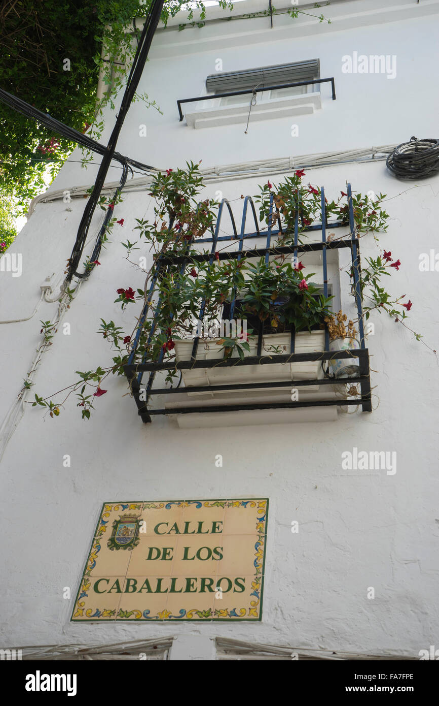 balcony, white architecture tourist streets in Marbella, Andalucia ...