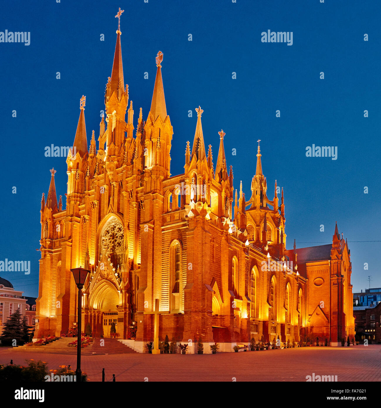 Roman Catholic Cathedral of the Immaculate Conception at dusk. Moscow ...