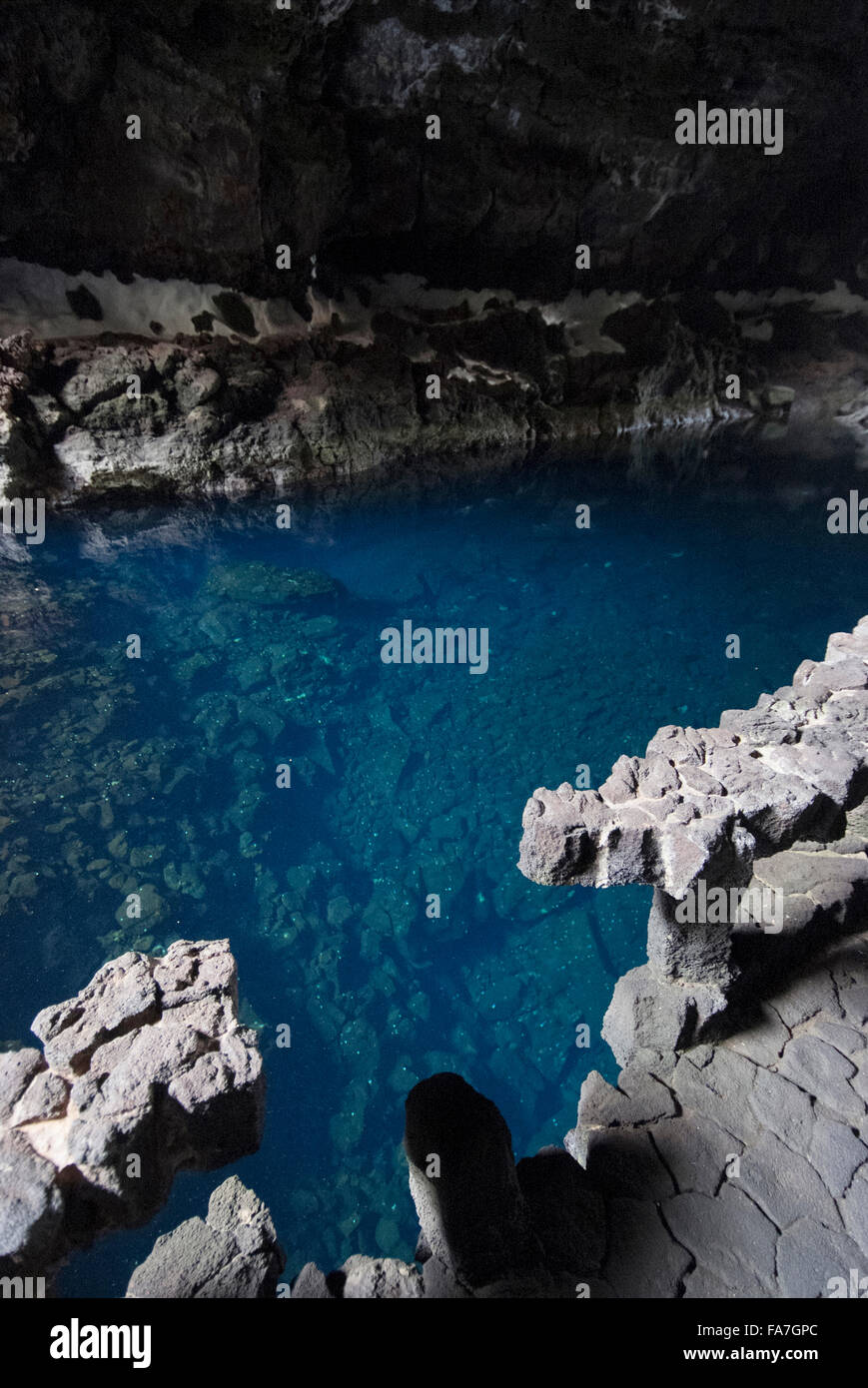 The underground seaside lagoon of Jameos del Aqua, Lanzarote, Spain ...