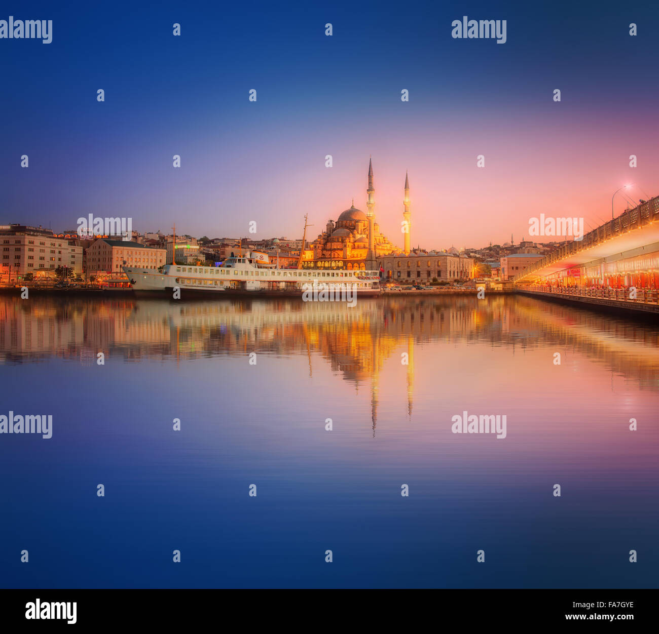 The beauty panorama of Istanbul at a dramatic sunset from Galata Bridge ...